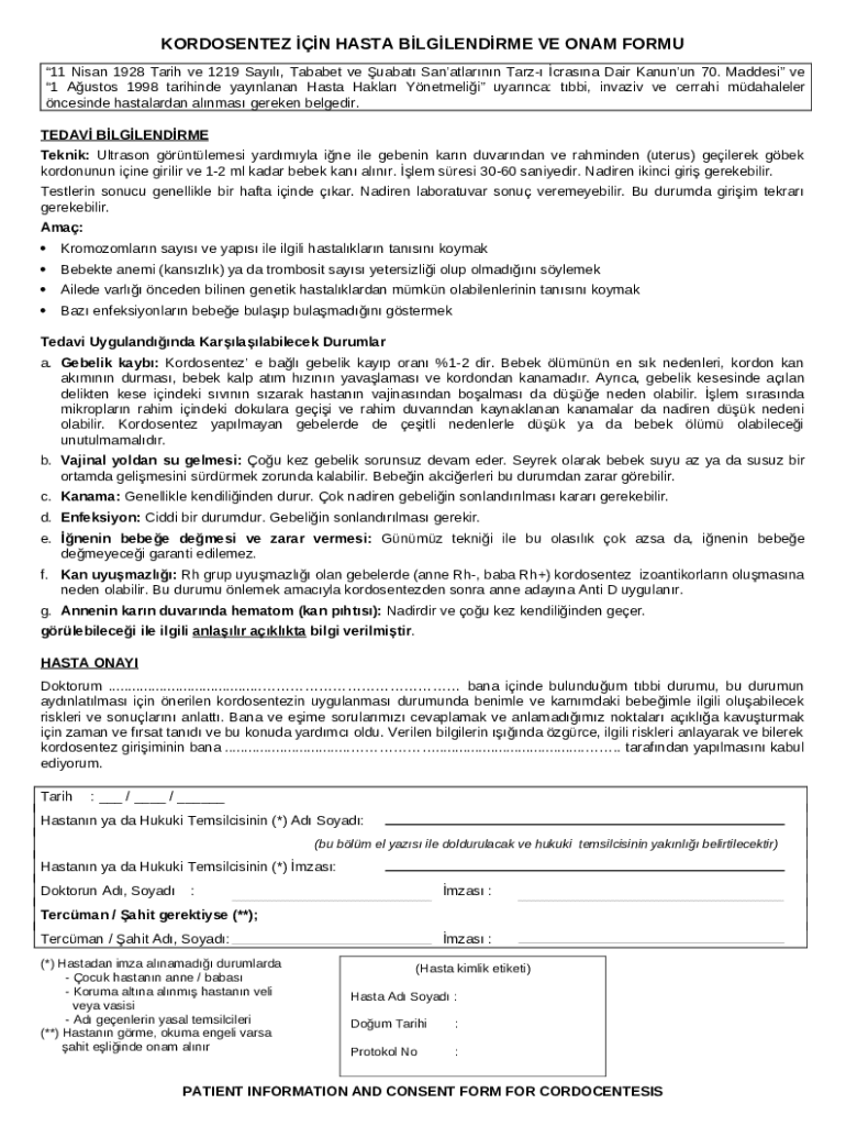 Kordosentez in Hasta Bilgilendirme ve Onam u Doc Template | pdfFiller