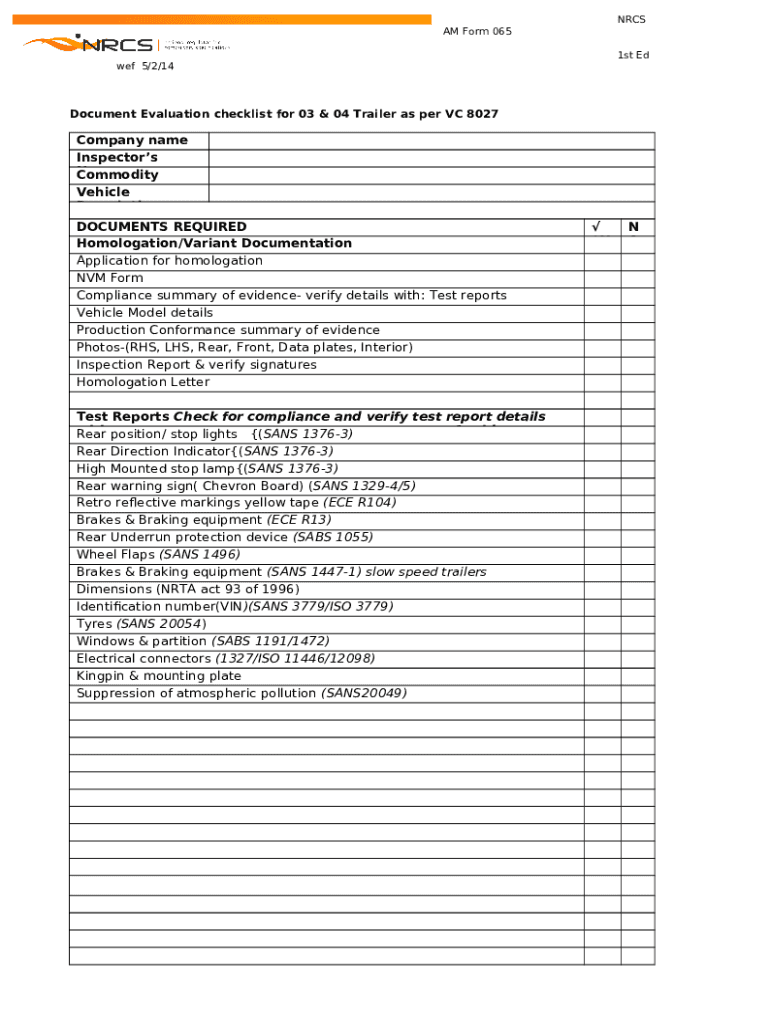 AM 065 - Document Evaluation Checklist for Category O3 and O4 Trailers Doc Template | pdfFiller