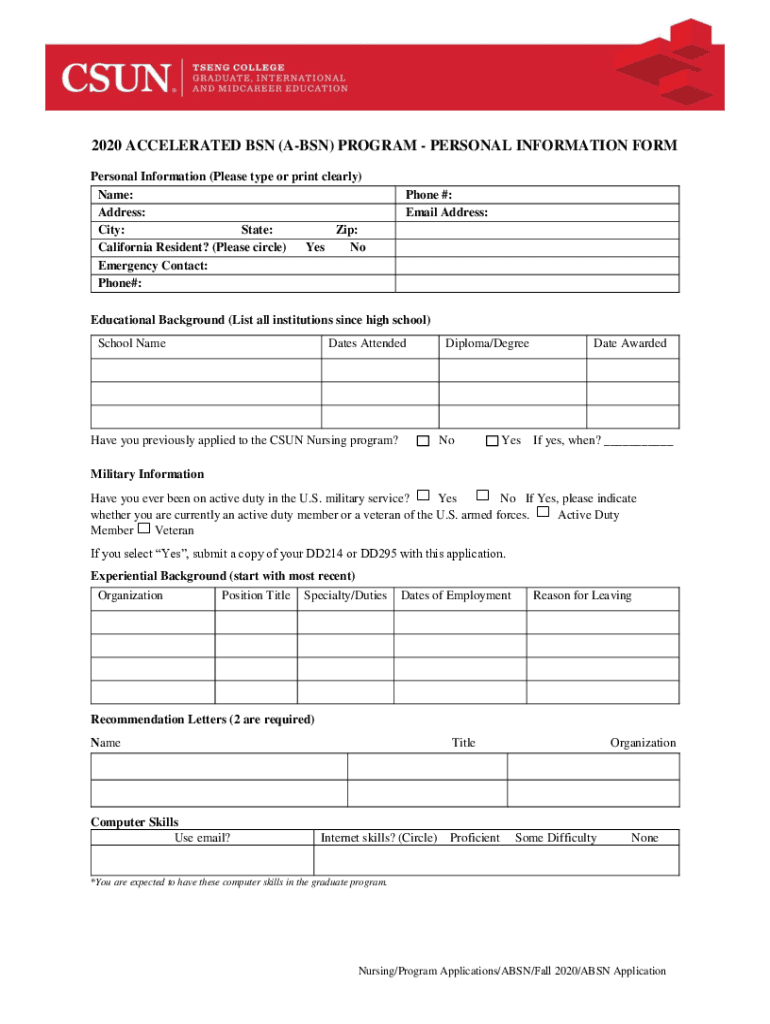 Fillable Online tsengcollege csun ABSN Personal Information Form - Tseng College Fax Email Print ...