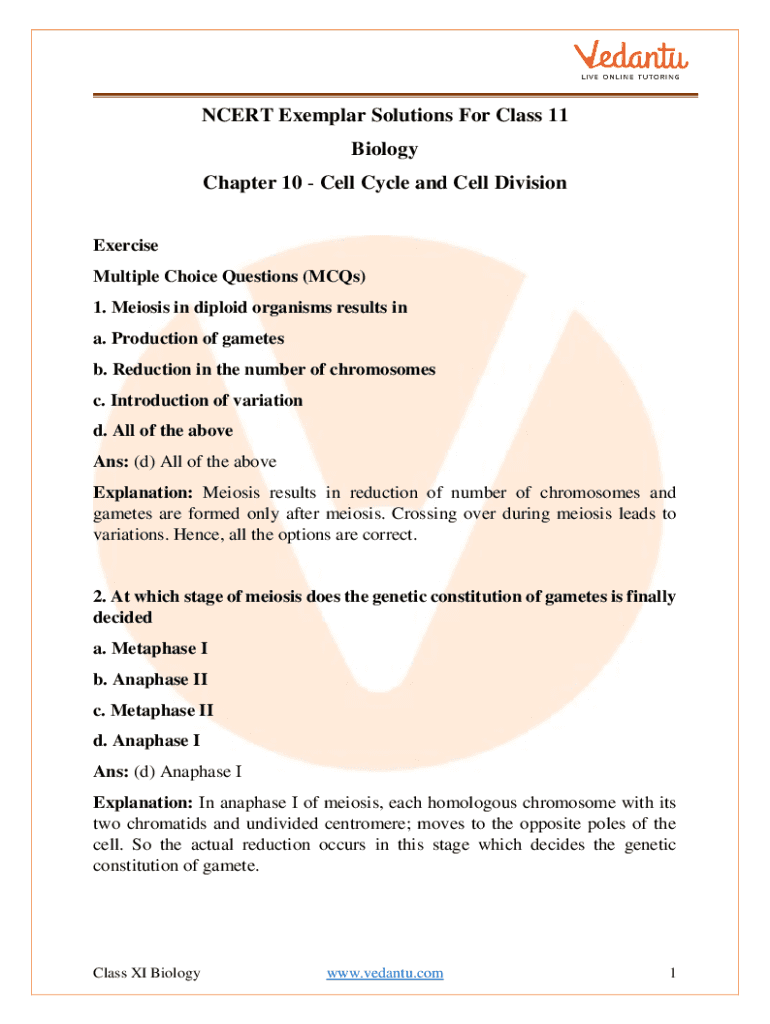 Fillable Online NCERT Exemplar for Class 11 Biology - Cell Cycle and ... Fax Email Print - pdfFiller