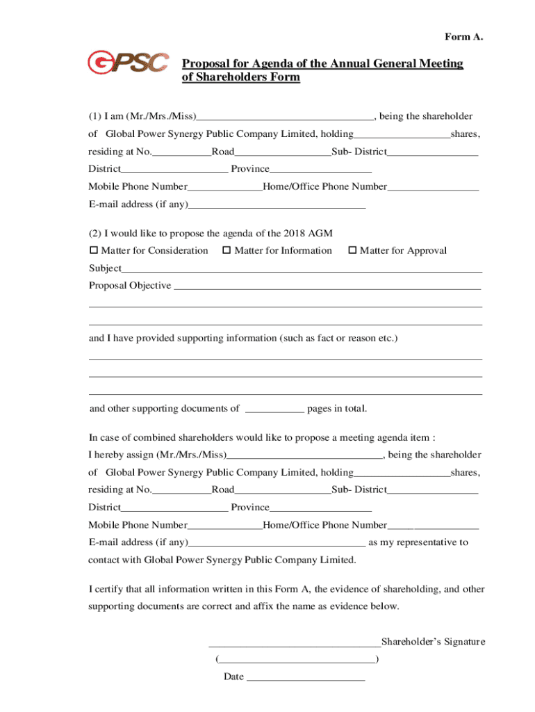 Fillable Online Form of Agenda Proposal for the Annual General Meeting ...