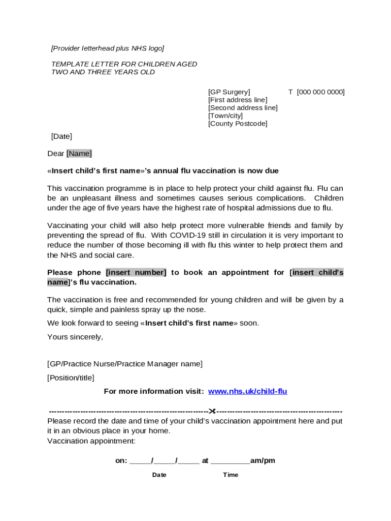 Flu vaccination invitation letter template for children aged 2 ... Doc ...