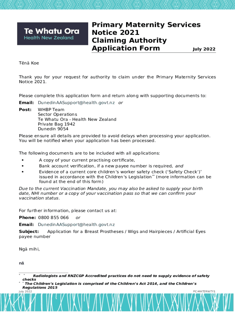 Primary Maternity Services Notice 2021 Claiming Authority Application ...