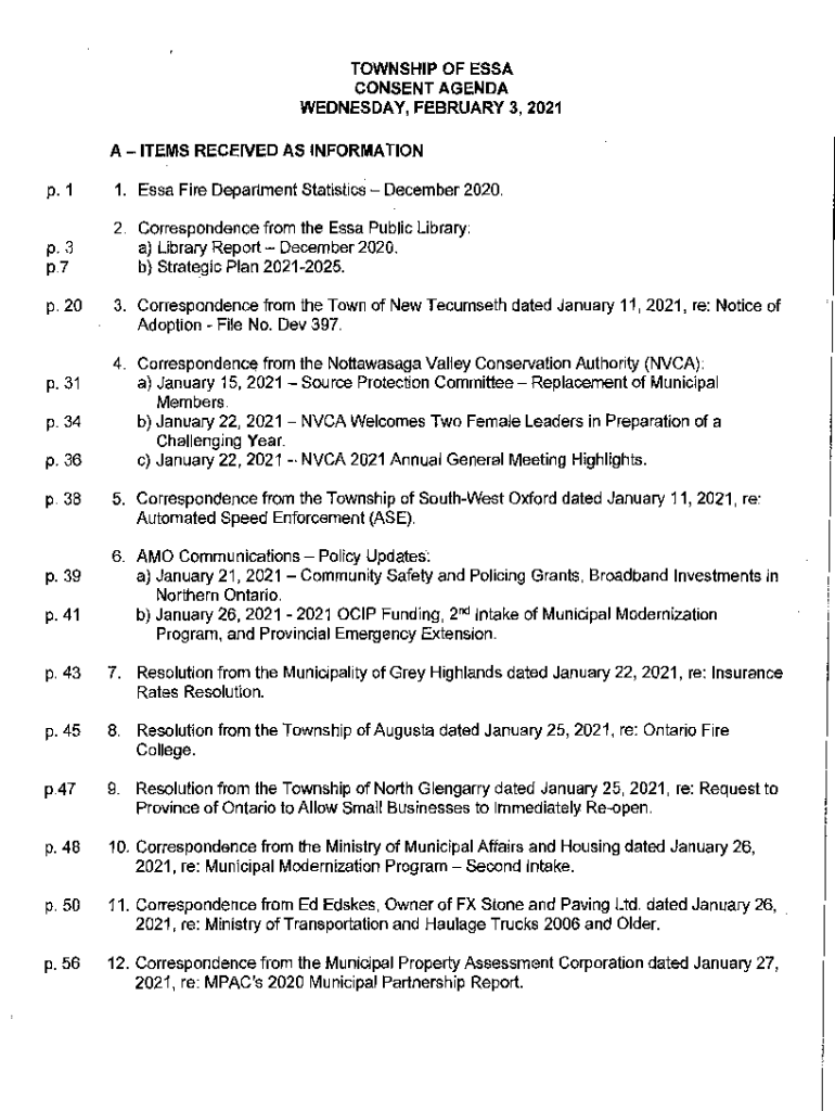 Fillable Online TOWNSHIP OF ESSA CONSENT AGENDA ... Fax Email Print - pdfFiller