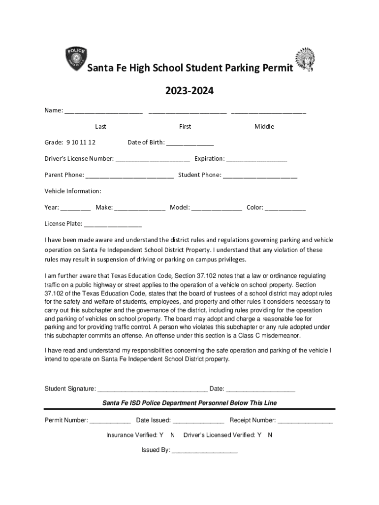 Fillable Online Parking Permits - Santa Fe Independent School District Fax Email Print - pdfFiller