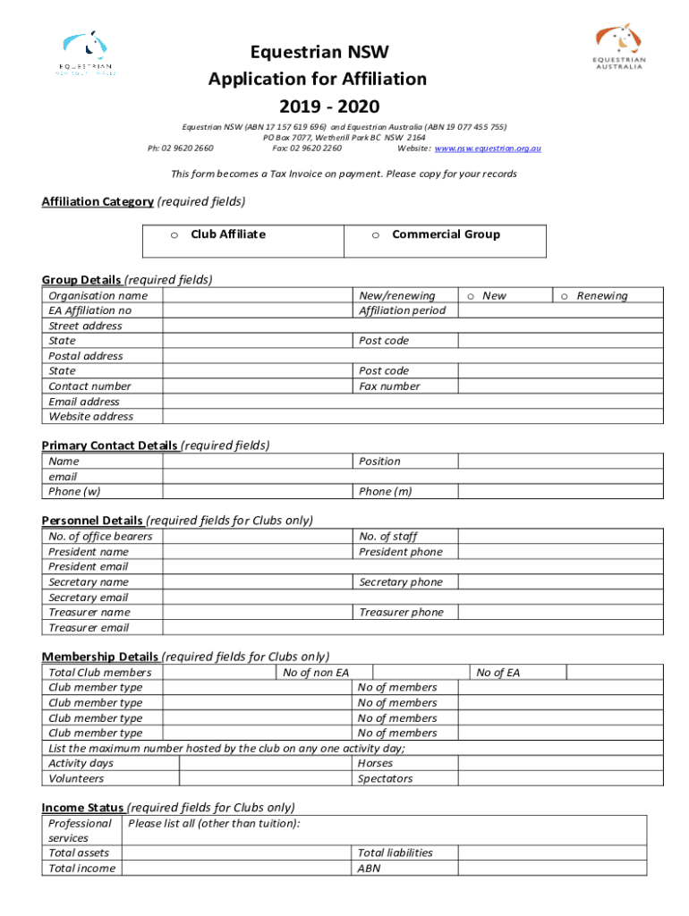 Fillable Online Equestrian NSW Application for Affiliation 2019 - 2020 ...