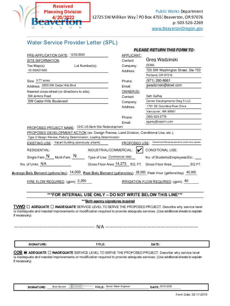 Fillable Online City of Beaverton - Water Service Provider Letter Fax ...