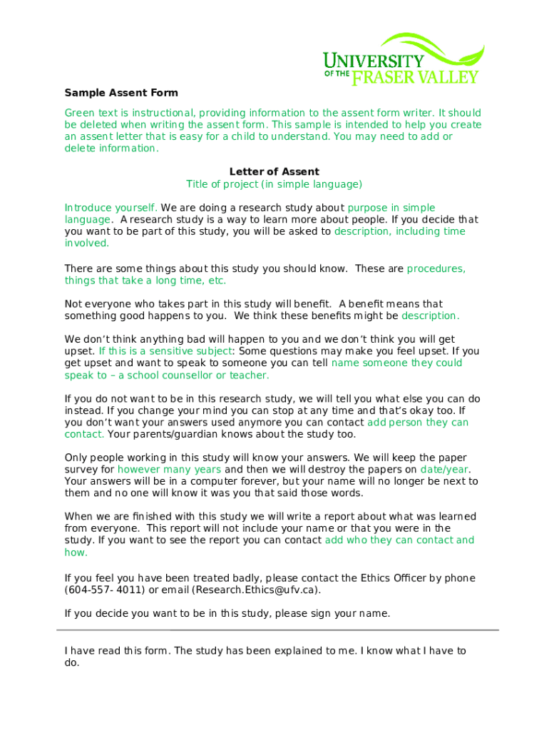 Letter of Assent Template (for younger child) Doc Template | pdfFiller