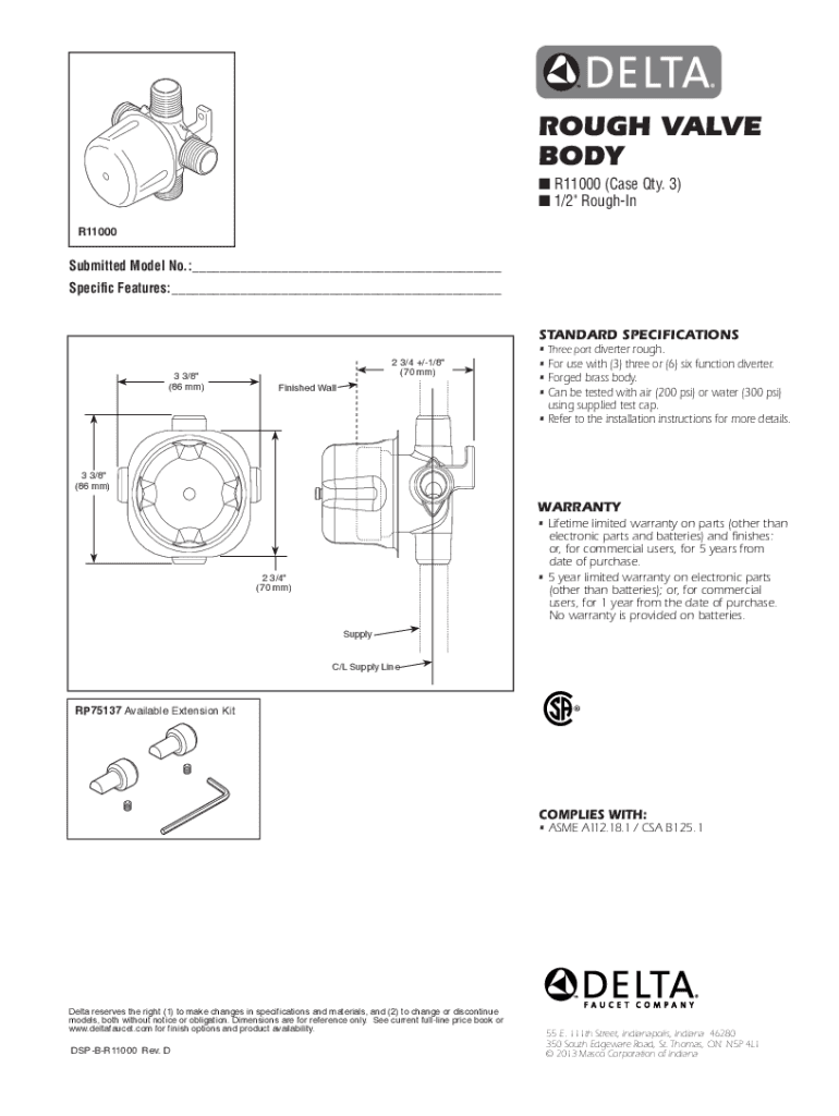 Fillable Online Delta R11000 Diverter Rough-In Valve for Delta 3 ...