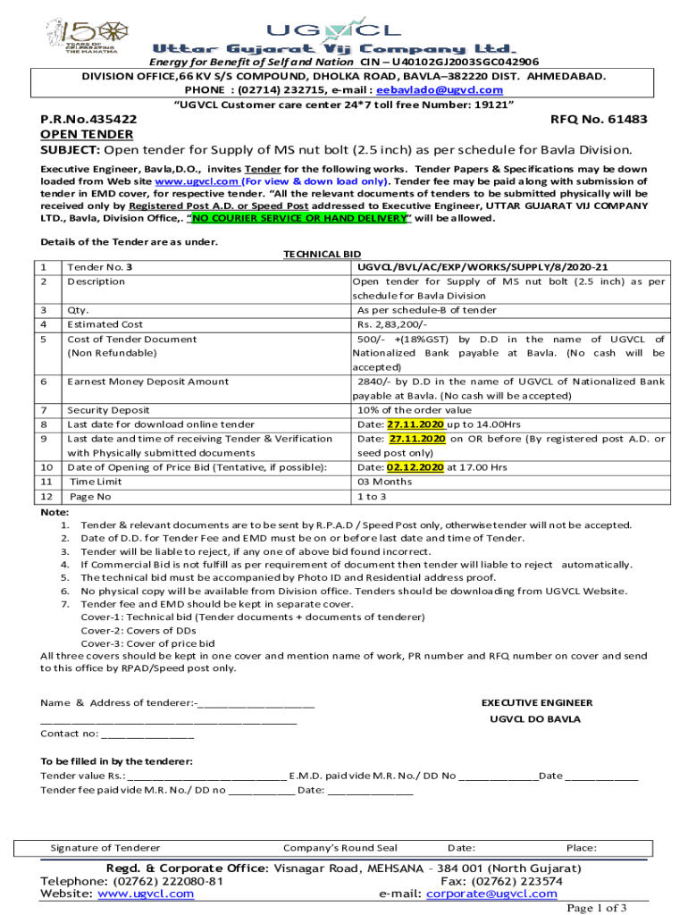 Fillable Online Open tender for Supply of MS nut bolt (2.5 inch) as per ...