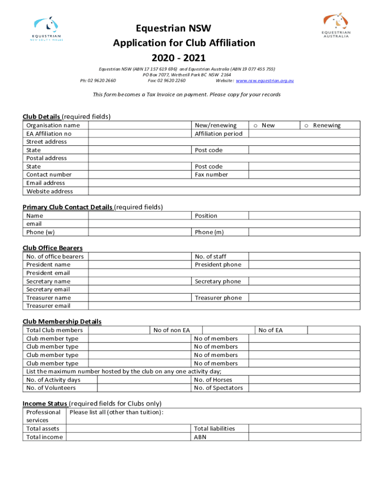 Fillable Online Equestrian NSW Application for Affiliation 2020 - 2021 ...