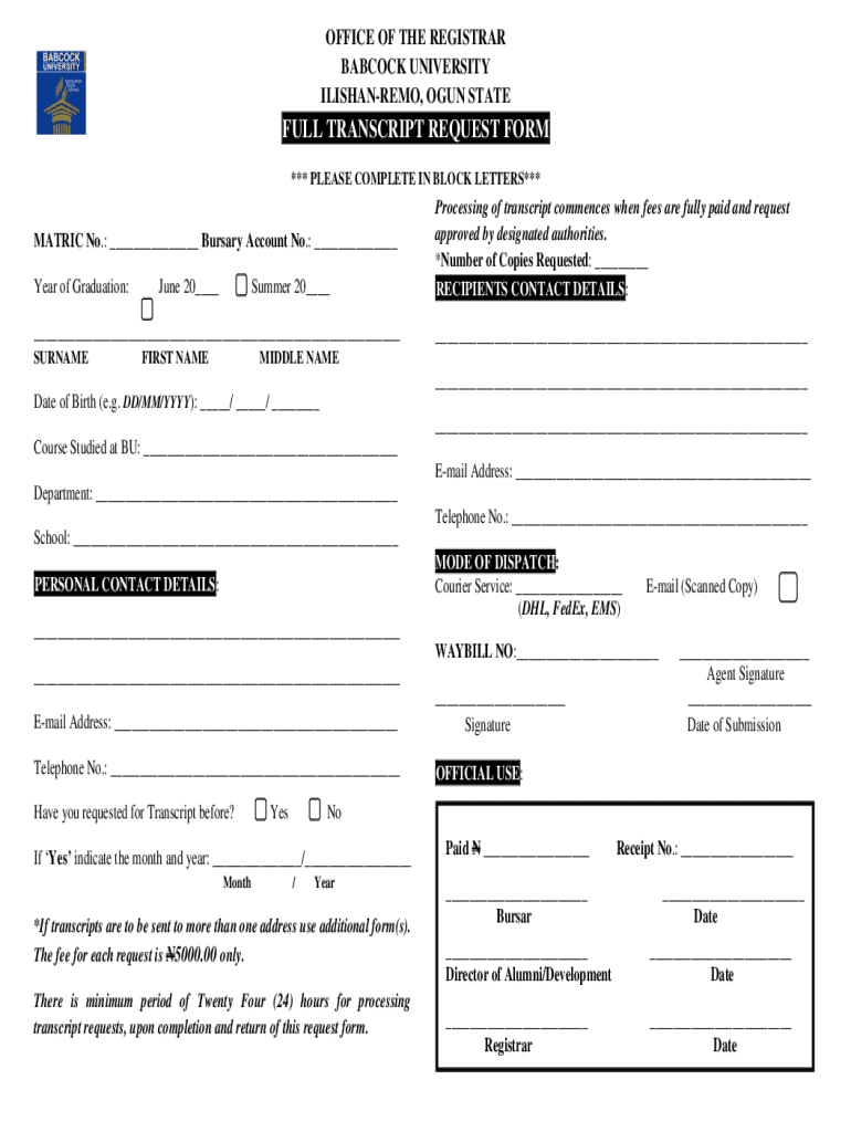 Babcock University Transcript - Fill Online, Printable, Fillable, Blank ...