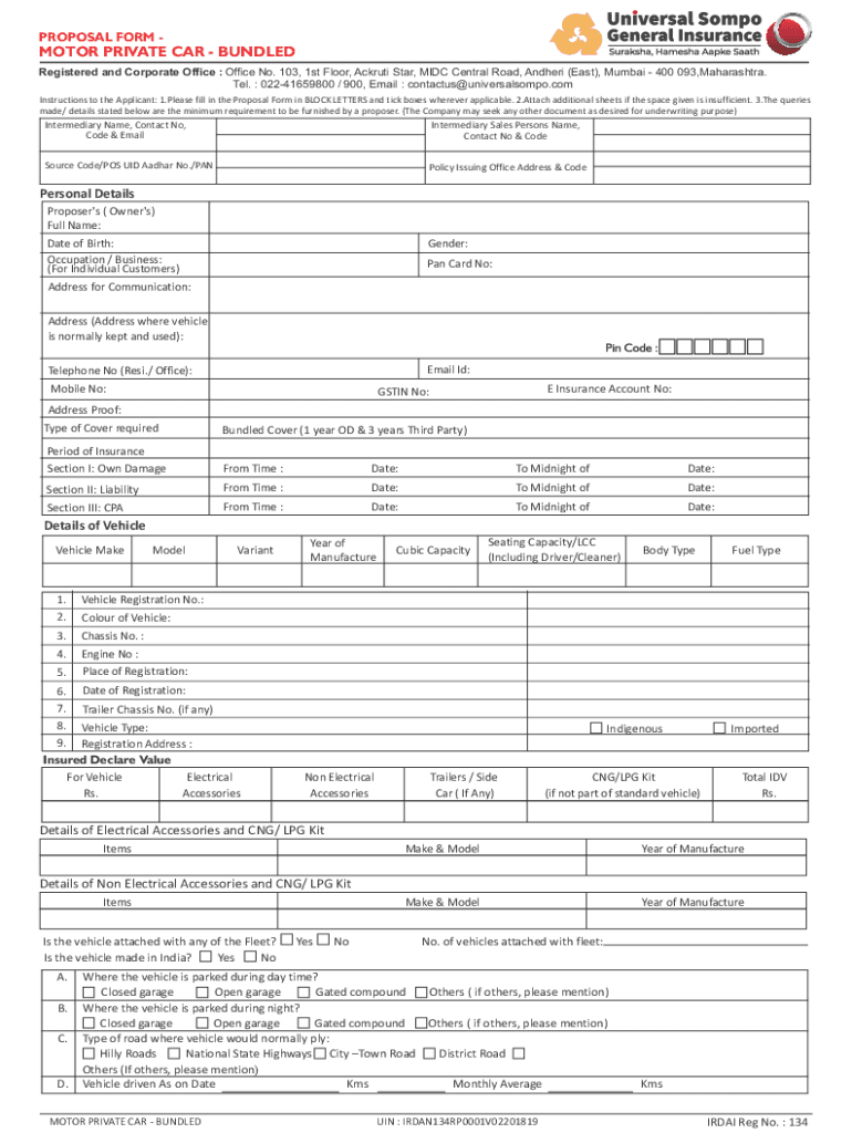 Fillable Online stand-alone motor own damage policy - private car Fax ...