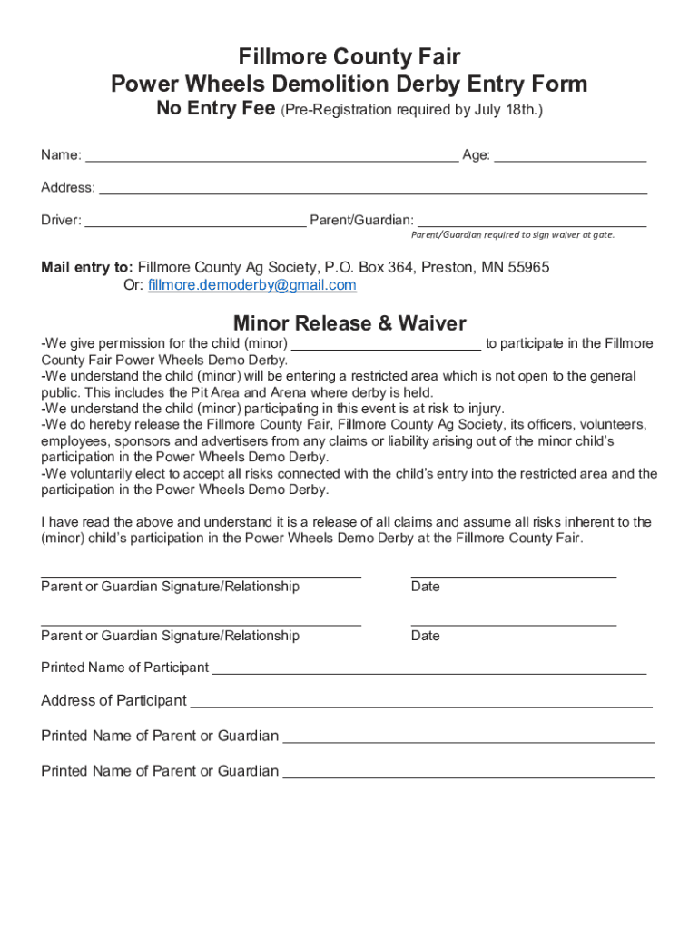 Fillable Online Fillmore County Fair Power Wheels Demolition Derby ...