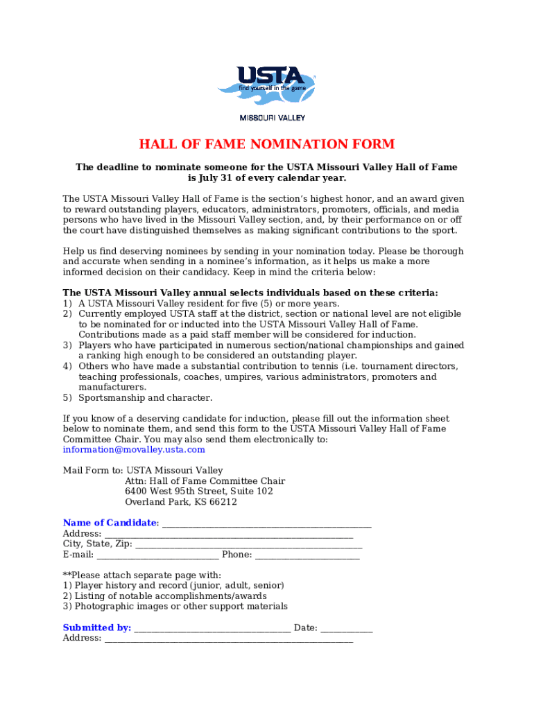 USTA Heart of America Hall of Fame Doc Template | pdfFiller