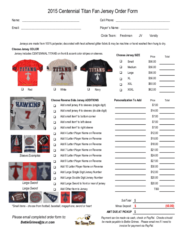 Fillable Online 2015 Centennial Titan Fan Jersey Order Form Fax Email ...