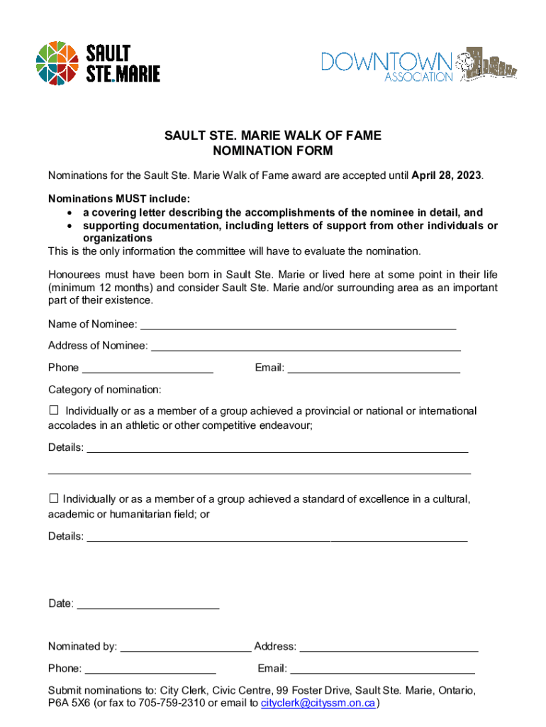 Fillable Online SAULT STE. MARIE WALK OF FAME NOMINATION FORM Fax Email ...