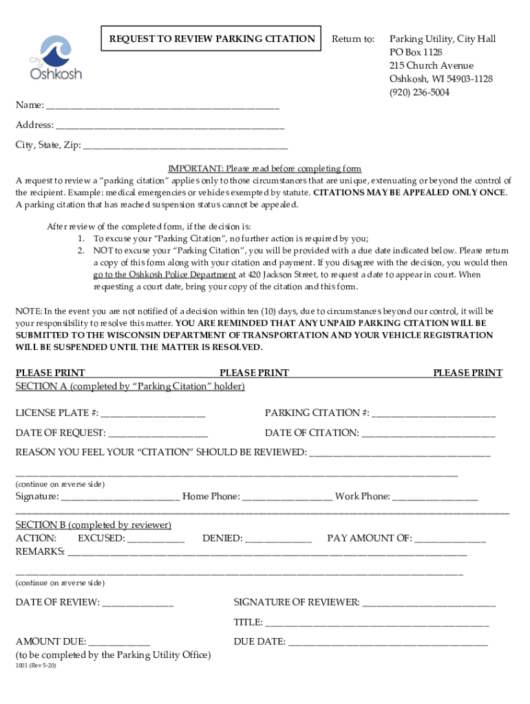 Fillable Online Request to Review Parking Citation - City of Oshkosh ...
