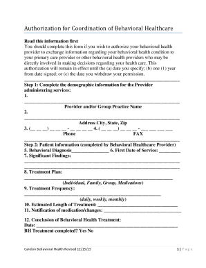 Fillable Online Authorization for Coordination of Behavioral Healthcare ...