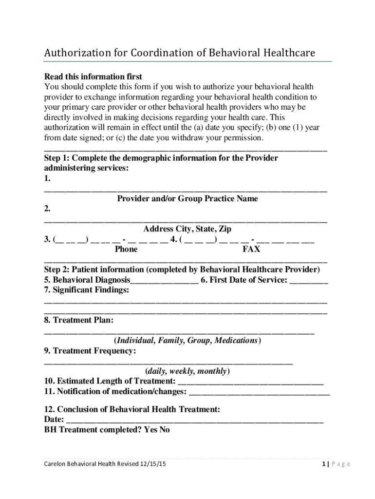 Fillable Online Authorization for Coordination of Behavioral Healthcare ...