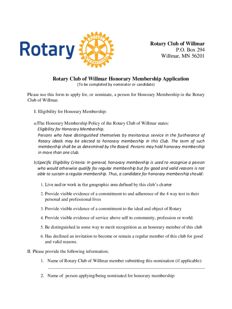 Fillable Online Rotary Club of Willmar Honorary Membership Application ...