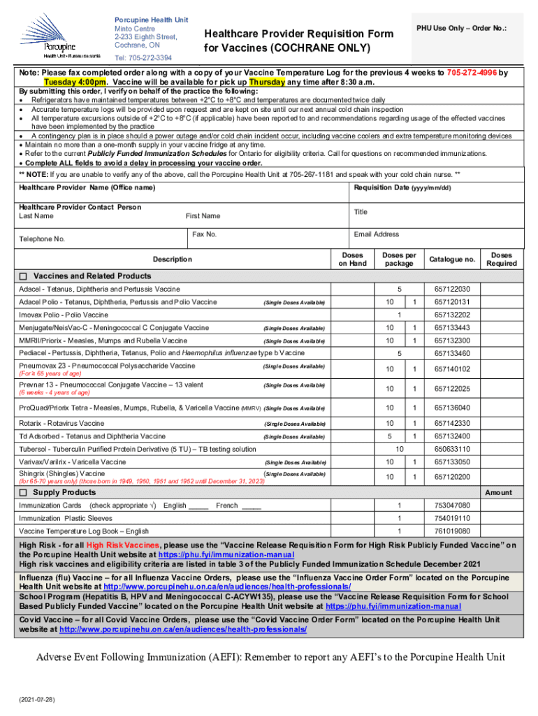Fillable Online Vaccine Release Requisition Form for High Risk Publicly ...
