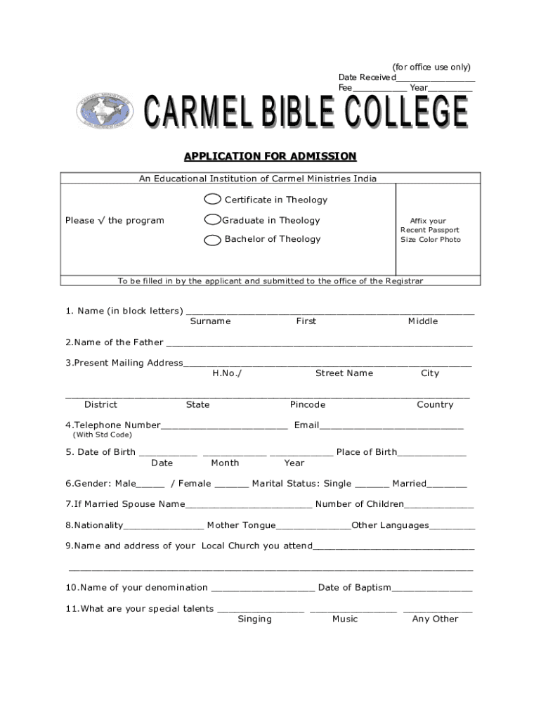 Fillable Online Bachelor of Theology Completion Application Form ...