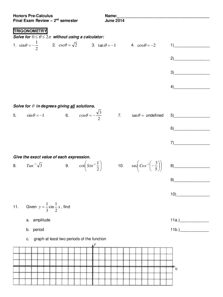 Fillable Online Honors Pre-Calculus Midterm Review Fax Email Print ...