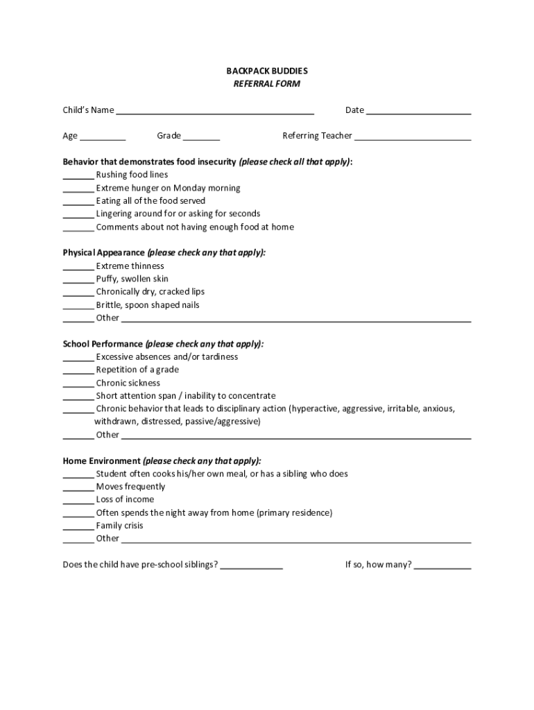 Fillable Online BACKPACK BUDDIES REFERRAL FORM Child's Name ... Fax Email Print - pdfFiller