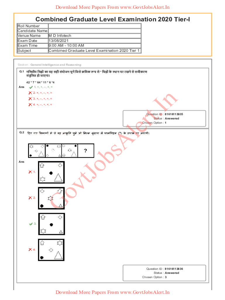 Fillable Online 1 COMBINED GRADUATE LEVEL EXAM., 2020 (TIER-I) ... Fax ...