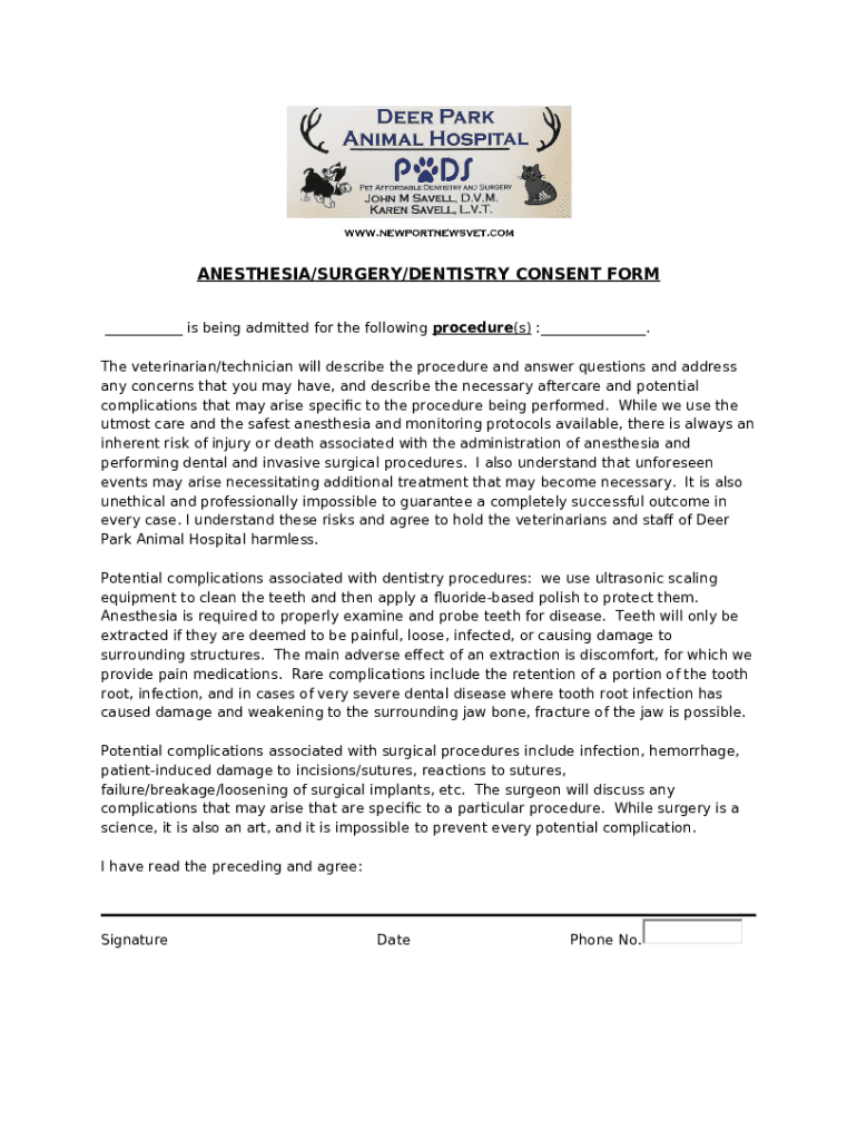 Free Online Veterinary Anesthesia Consent Template Doc Template | pdfFiller