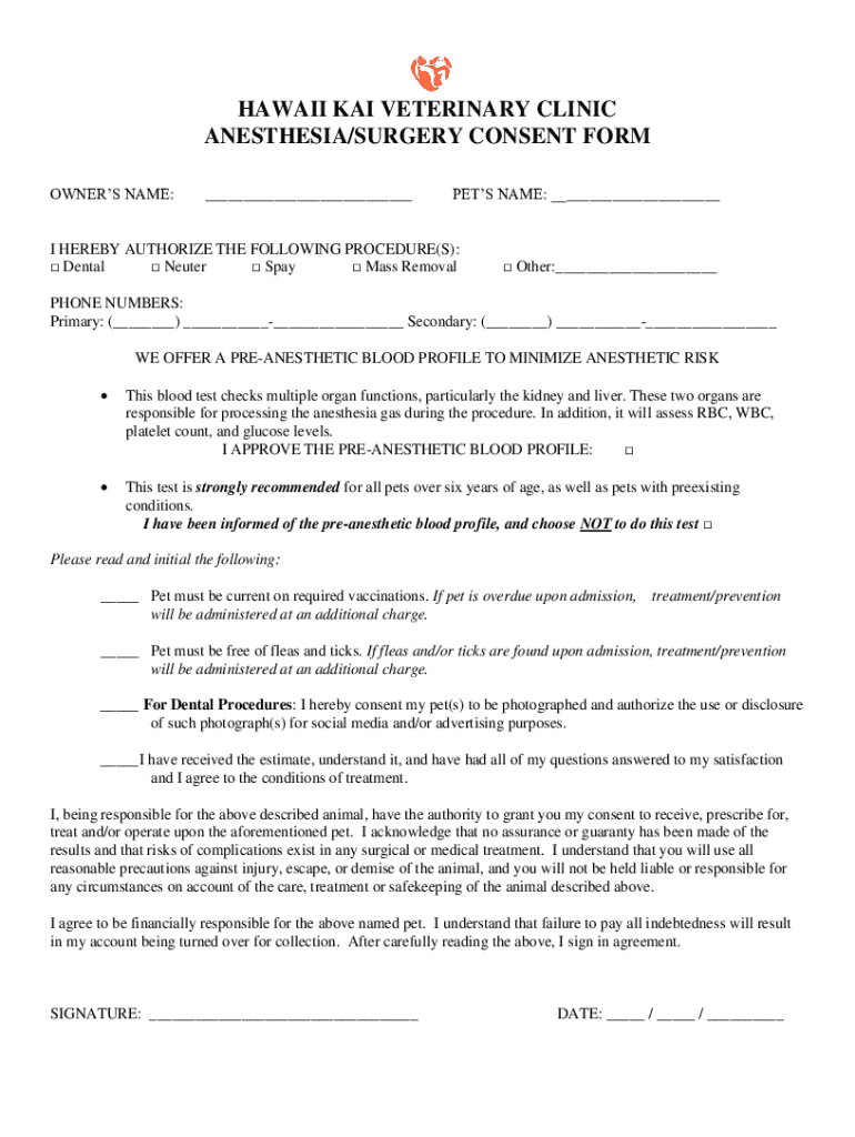 Fillable Online Anesthesia and/or Surgery Authorization Form Fax Email Print - pdfFiller