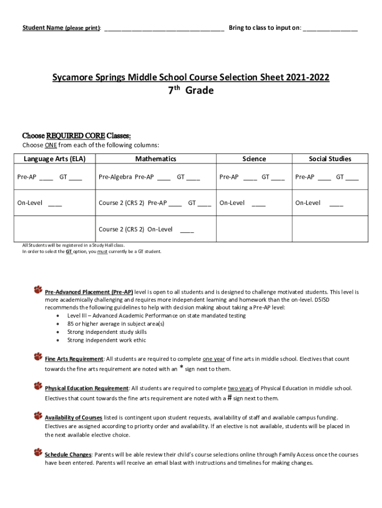 Fillable Online Dripping Springs Middle School * * * Course Sheet 2020 ...