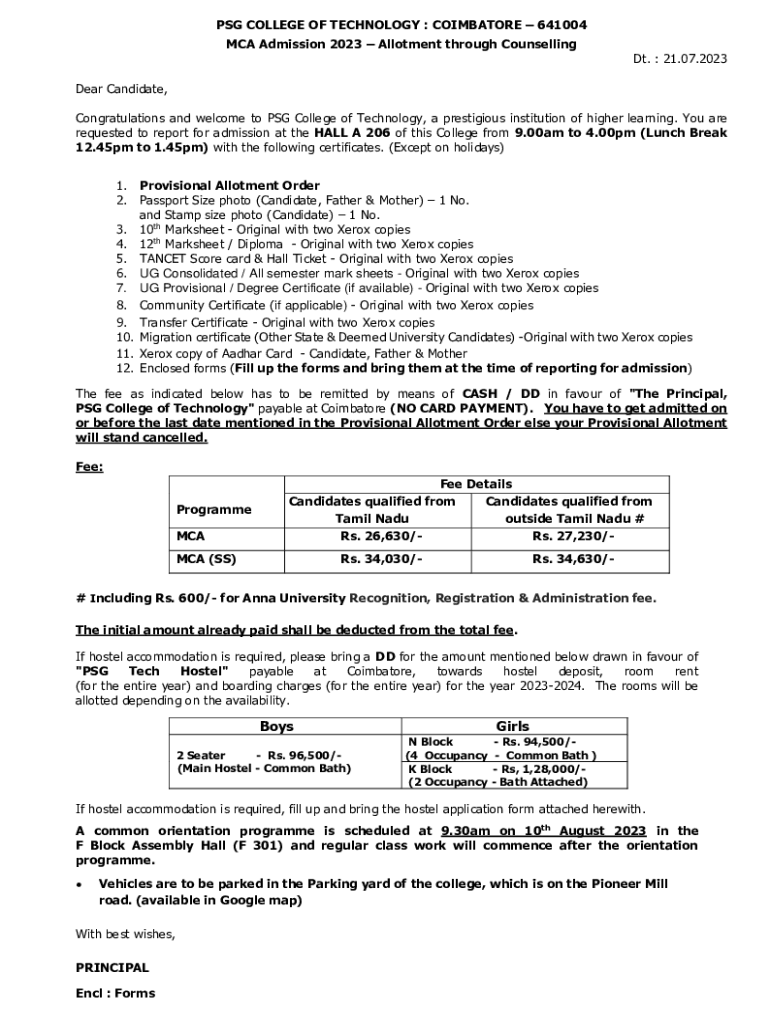Fillable Online PSG College of Technology (PSGCT): Cutoff, Admission ...