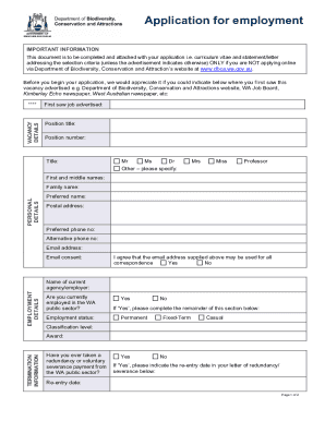 Fillable Online DBCA application for employment. DBCA application for ...