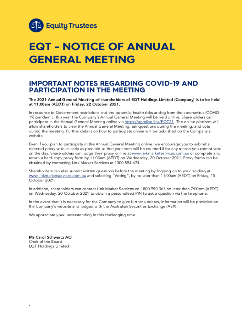 Fillable Online EQT - NOTICE OF ANNUAL Fax Email Print - pdfFiller