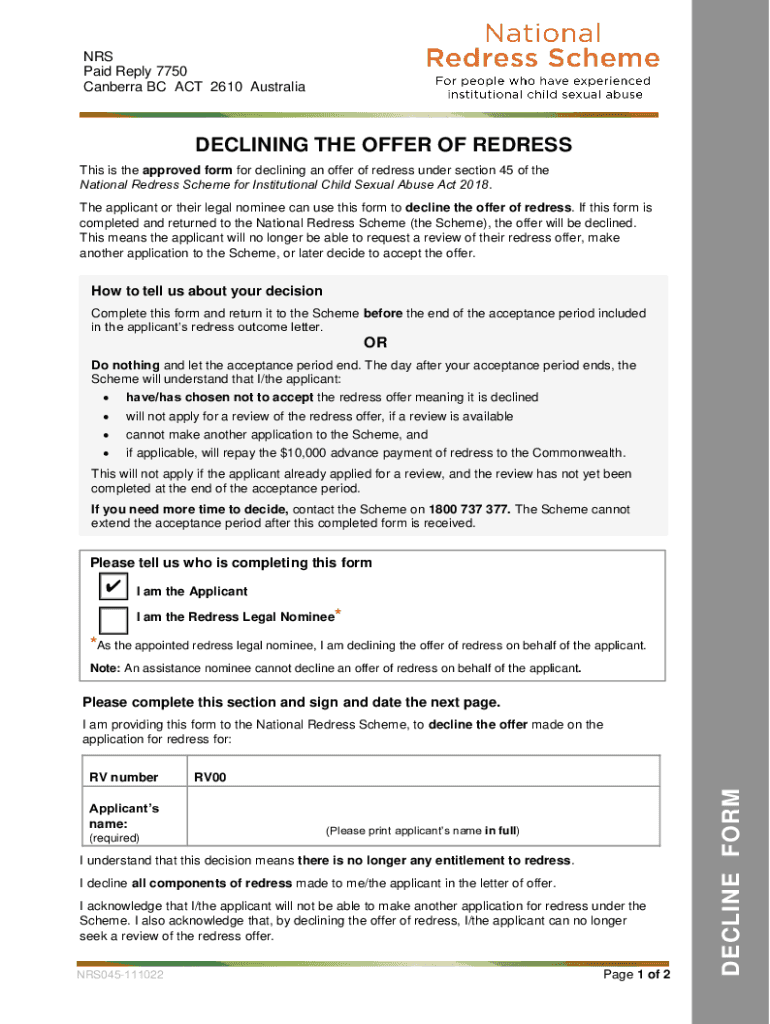 Fillable Online Declining the Offer of Redress. Form Fax Email Print ...