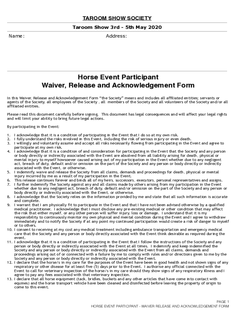 Fillable Online Event Participant Waiver, Release and Acknowledgement ...
