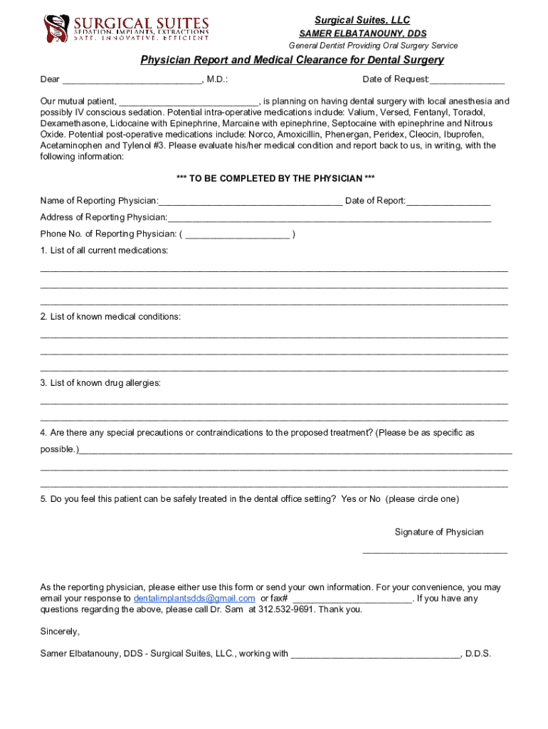 Fillable Online Physician Report and Medical Clearance for Dental ...