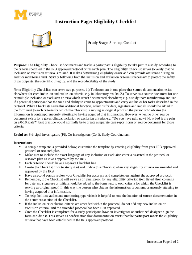 Eligibility Checklist Instruction Page Doc Template | pdfFiller