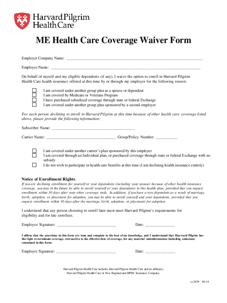 Fillable Online cc2459.doc. Maine Health Care Coverage Waiver Form Fax ...