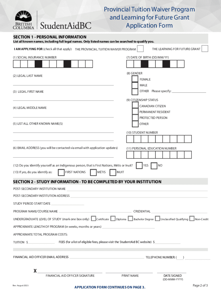 Fillable Online Provincial Tuition Waiver Program and Learning for Future Grant Application Fax ...