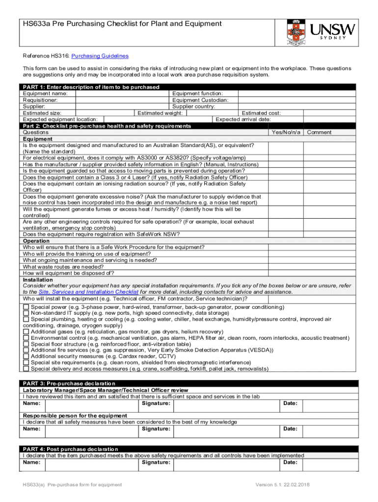 HS633a Pre-Purchase Checklist for Equipment HS633a Pre-Purchase ...