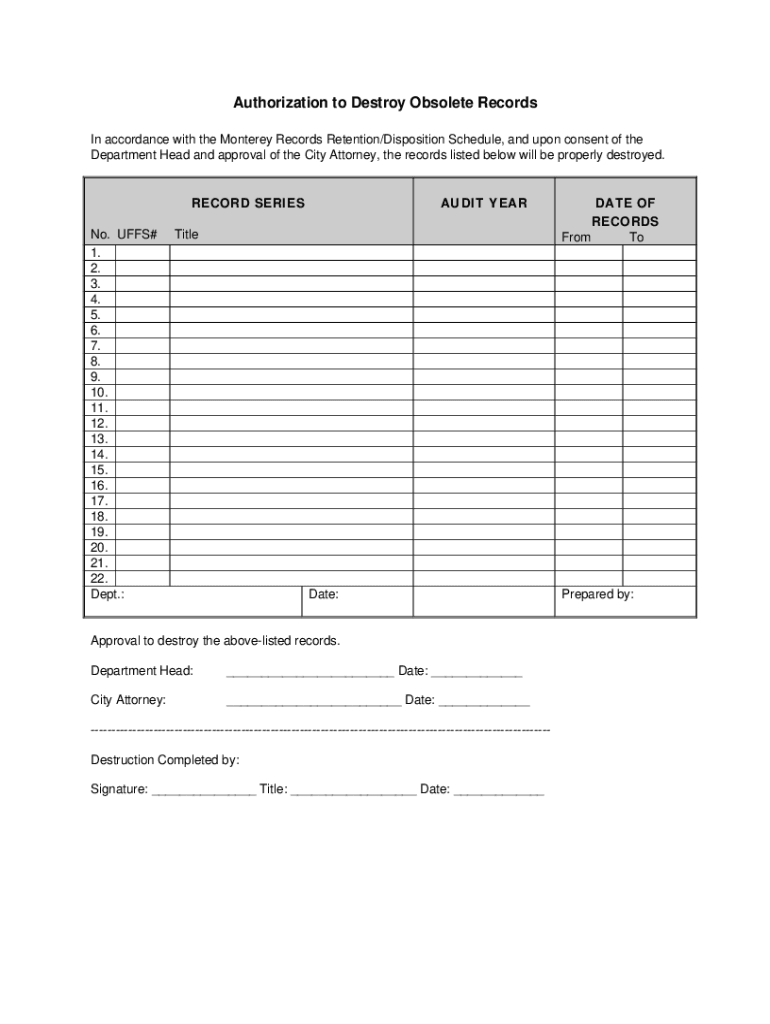 Fillable Online Authorization to Destroy Obsolete Records Fax Email ...