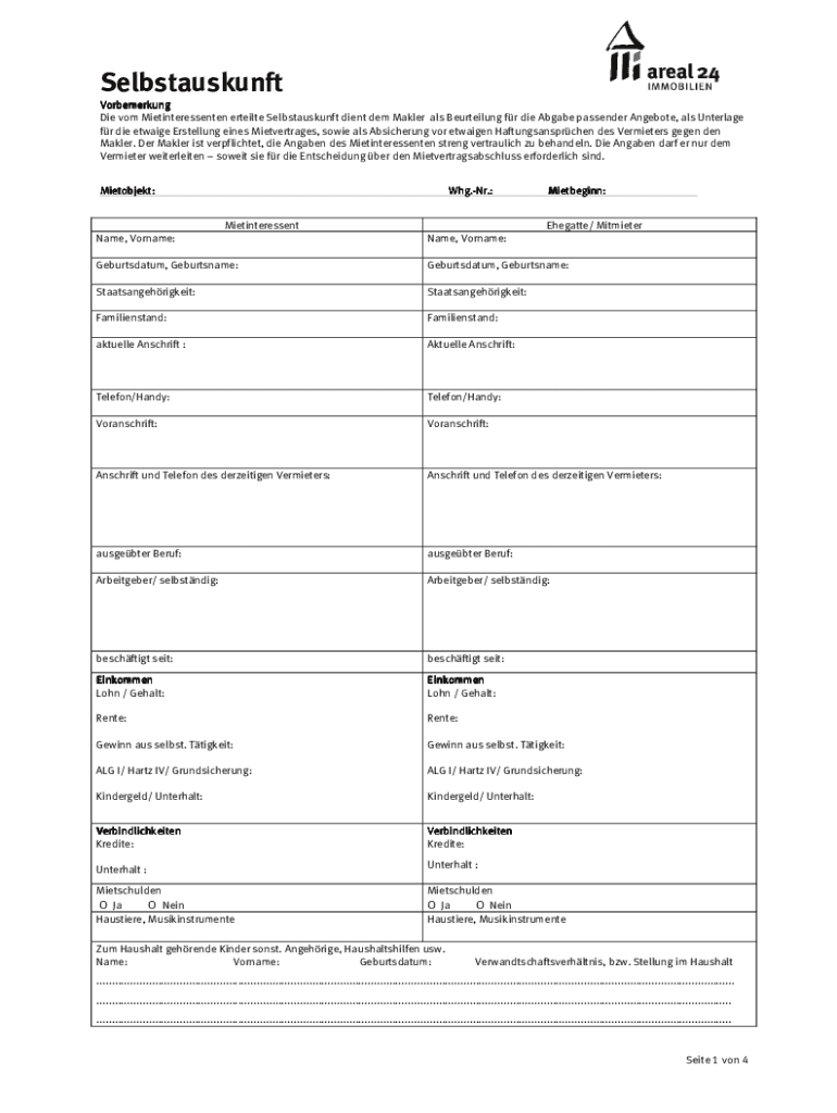 Ausfüllbar Online Selbstauskunft fr das gewerbliche Mietobjekt: Fax Email Drucken - pdfFiller