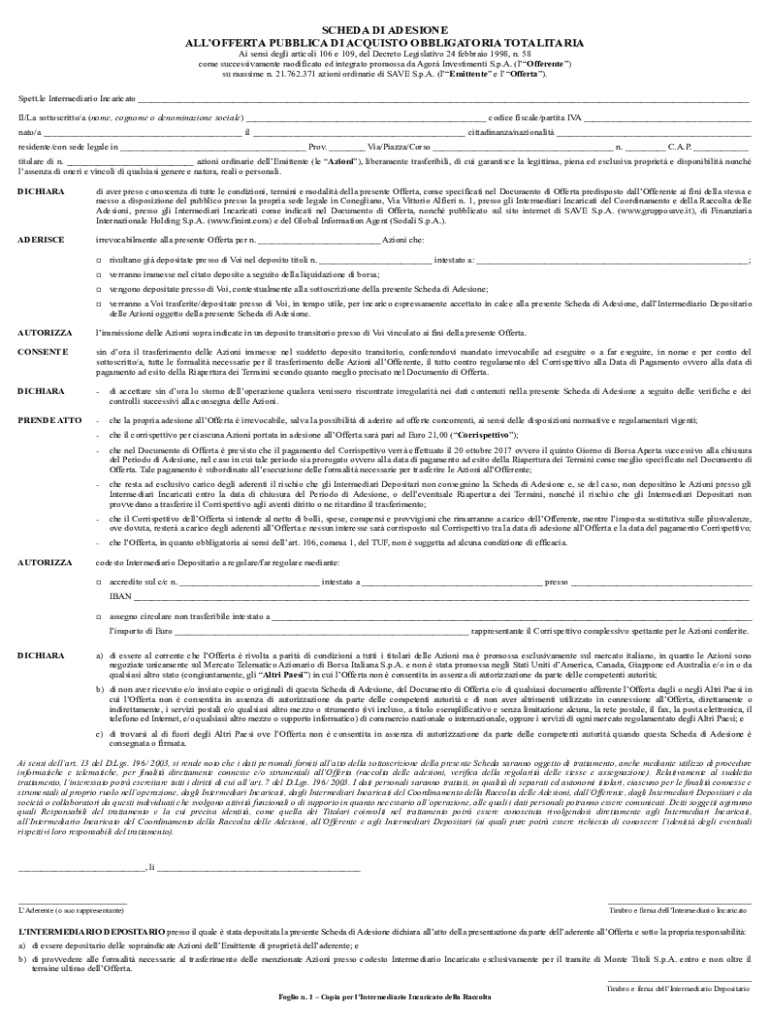 Compilabile Online DOCUMENTO DI OFFERTA ai sensi degli artt. 102 e 106 ...