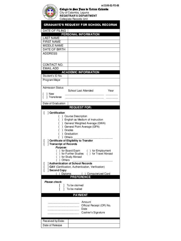 Fillable Online letran-calamba edu FO-08 Graduate's Request for School ...