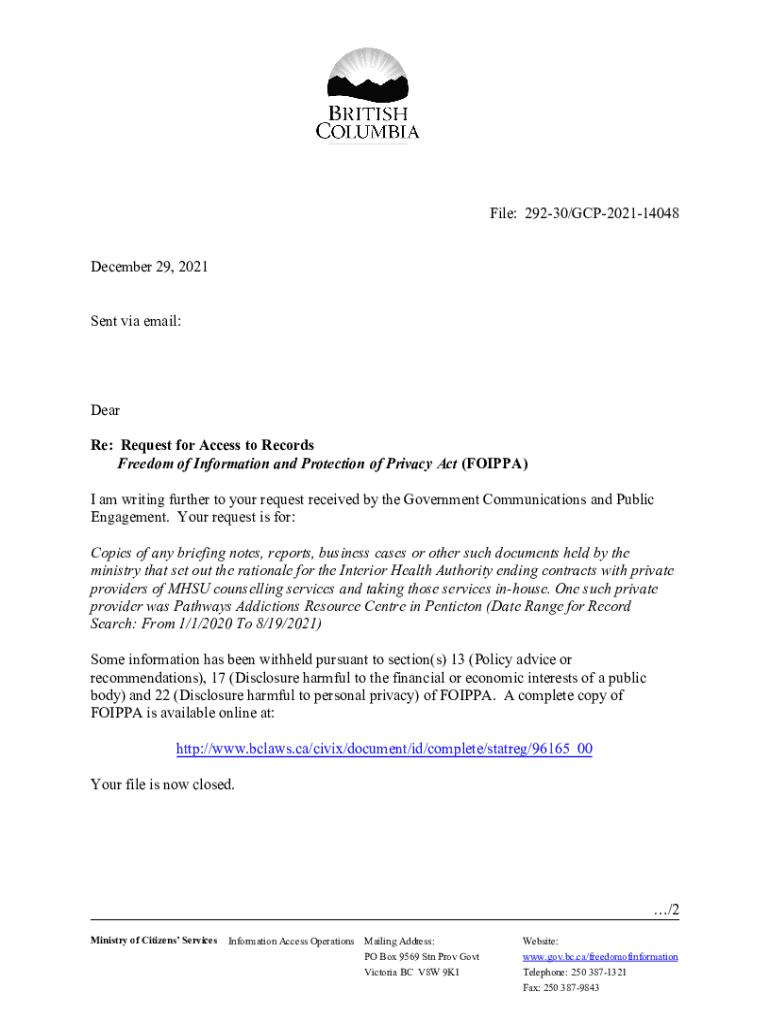 Fillable Online docs openinfo gov bc I am writing further to your request received by the ...