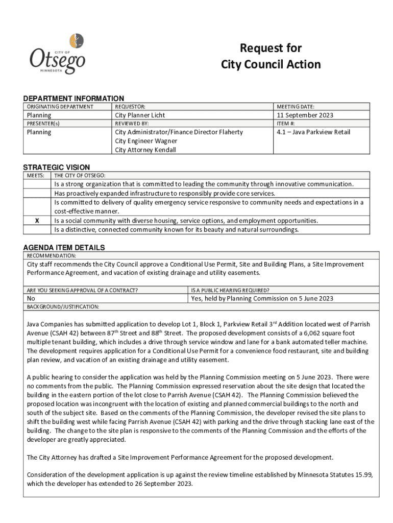 Fillable Online Request for City Council Action - City of Otsego ...