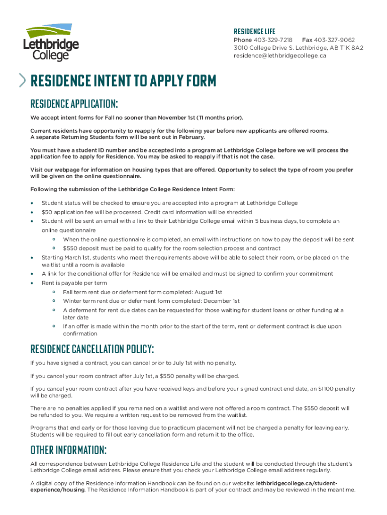 Fillable Online Residence Intent to Apply Form Lethbridge College Fax ...